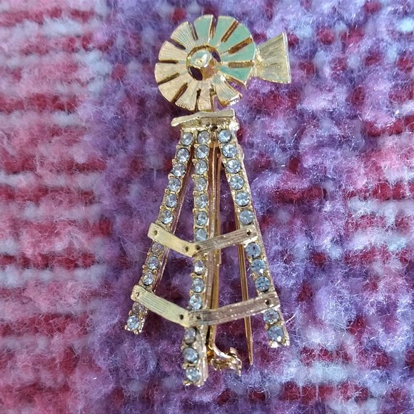 Jewelry | Gold Tone And Rhinestone Windmill Lapel Pinbrooch | Poshmark